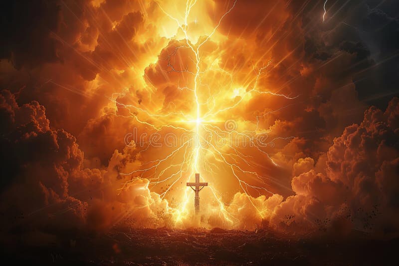 Lightning Strike on a Dark Sky with Orange Clouds. the Background is an ...