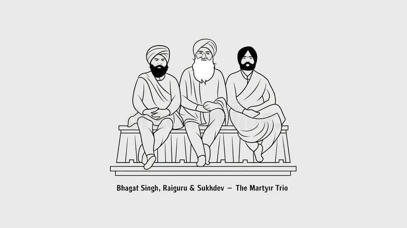 Illustration of Line Art Three Historic Figures, Bhagat Singh, Rajguru ...