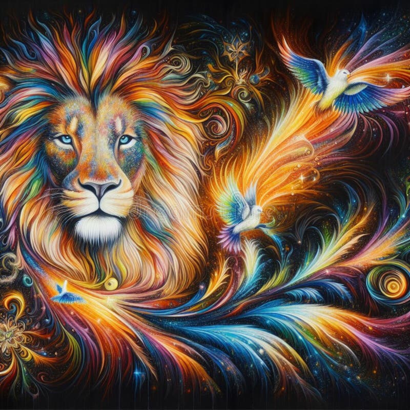 Illustration of a Lion in Psychedelic and Abstract Forms Stock ...
