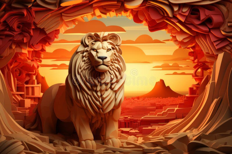 An Illustration of a Lion Standing in Front of a Cave Stock ...