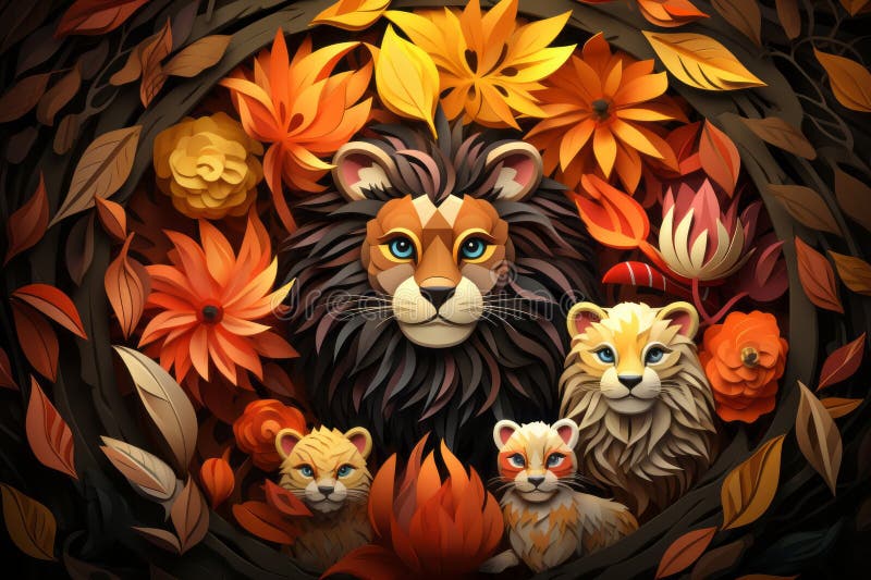 An Illustration of a Lion Surrounded by Autumn Leaves Stock ...