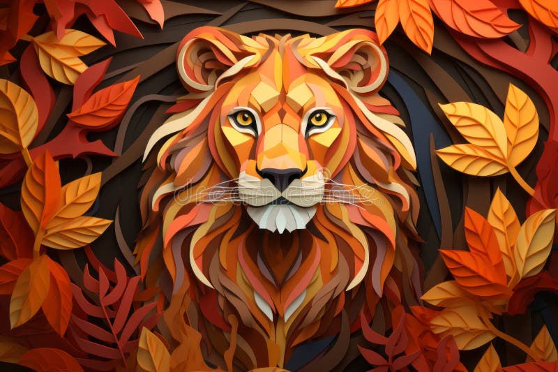 An Illustration of a Lion Surrounded by Autumn Leaves Stock ...