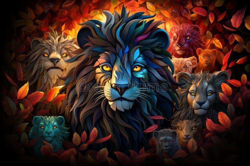An Illustration of a Lion Surrounded by Colorful Leaves Stock ...