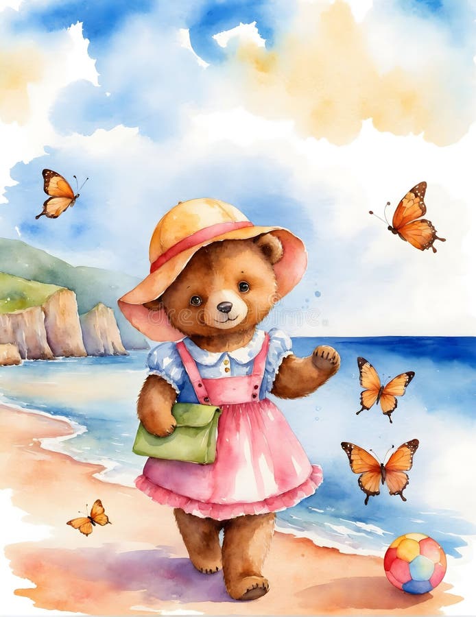 Children S Card,illustration of a Little Bear Walking Along the Coast ...