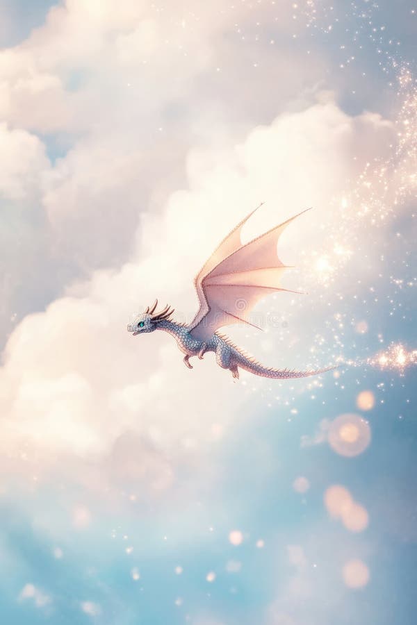 Illustration of a Little Dragon Flying through the Clouds with a Trail ...