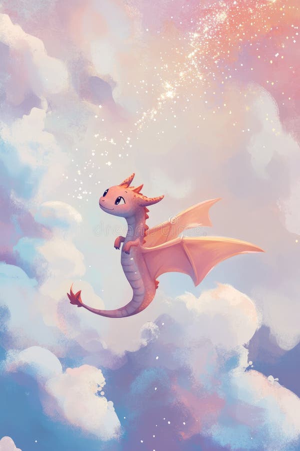 Illustration of a Little Dragon Flying through the Clouds with a Trail ...