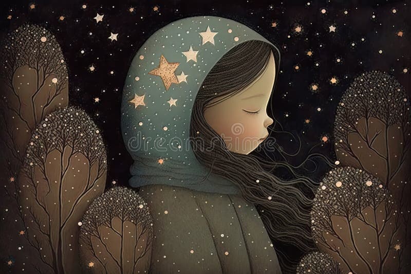Illustration of a Little Girl in a Starry Night Stock Illustration ...
