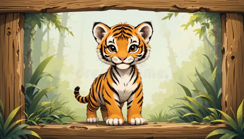 Adorable Tiger Cub Posing in Wooden Frame in Jungle Setting Stock ...