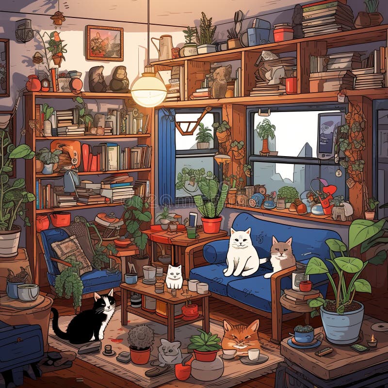 Illustration of a Living Room Filled with Cats. Stock Image - Image of ...