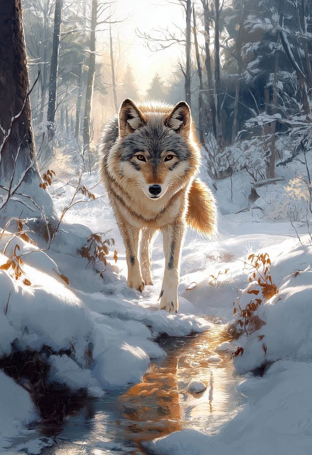 Illustration of a Lone Wolf in a Winter Forest. Stock Photo - Image of ...