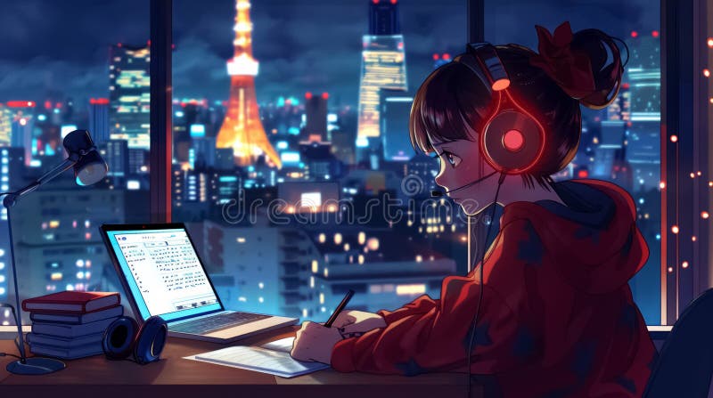 Illustration of Lonely Solitude Girl Studying and Coding with Laptop by Window with Night City ...