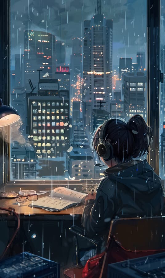 Illustration of Lonely Solitude Girl Studying and Coding with Laptop by Window with Night City ...