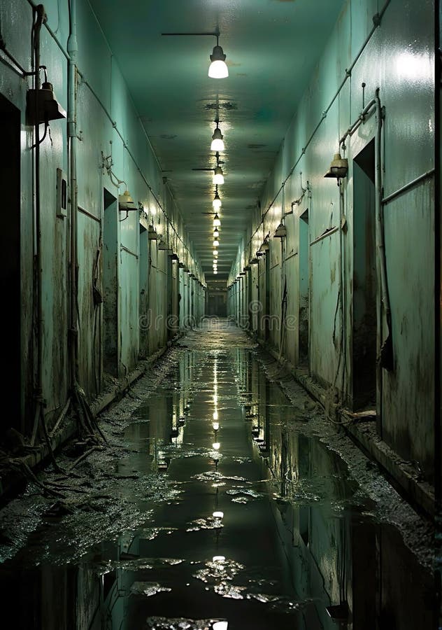 An Illustration Long Hallway with a Green Light on the Ceiling and ...