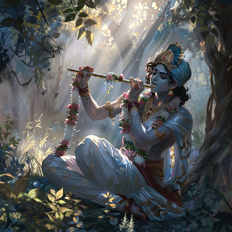 Illustration of Lord Krishna Playing Flute Under the Tree in a Forest. Generative Ai Stock ...