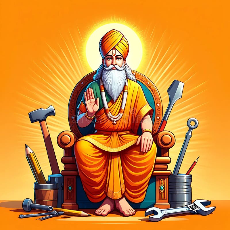 Illustration of Lord Vishwakarma with Divine Tools Stock Illustration ...
