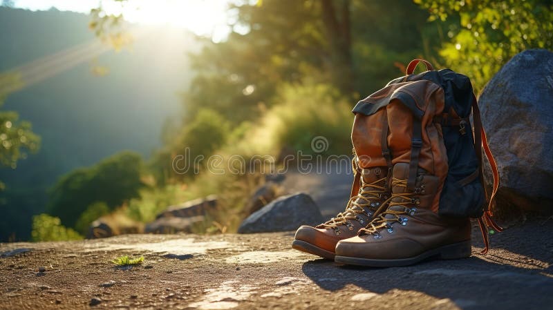 Illustration of Low Angle Shot of a Backpack and Hiking Boots ...