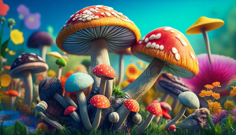 An Illustration of Low Angle View of Colorful Mushrooms, AI Generated ...