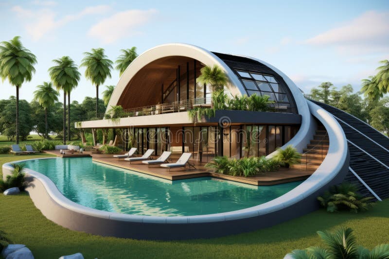 Illustration of Luxurious Decor House with Huge Swimming Pool. Front ...