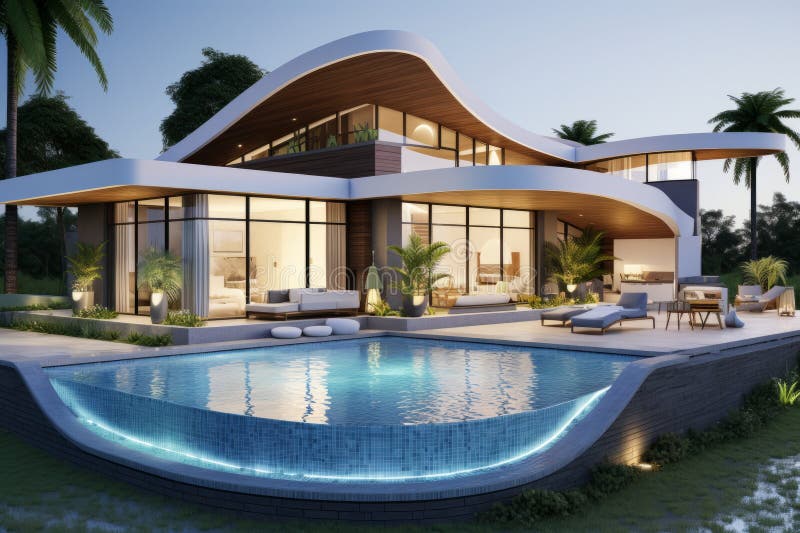 Illustration of Luxurious Decor House with Huge Swimming Pool. Front ...