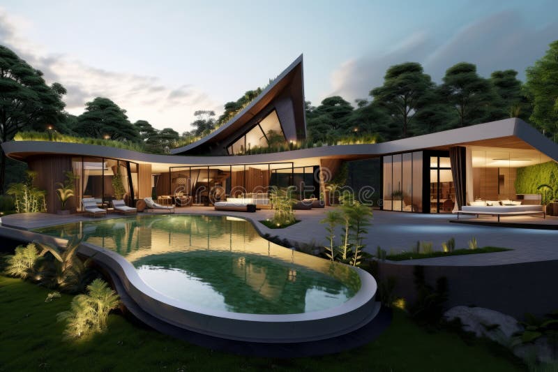 Illustration of Luxurious Decor House with Huge Swimming Pool. Front ...