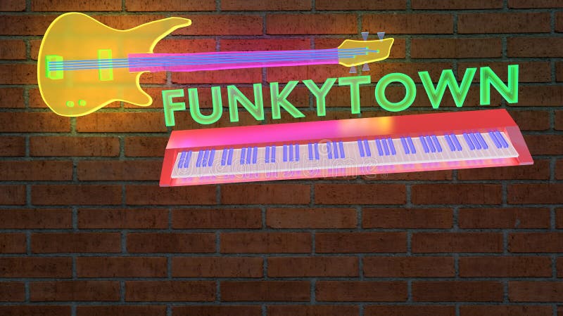 Illustration with Text "FUNKYTOWN" with Guitar and Keyboard. 3d ...