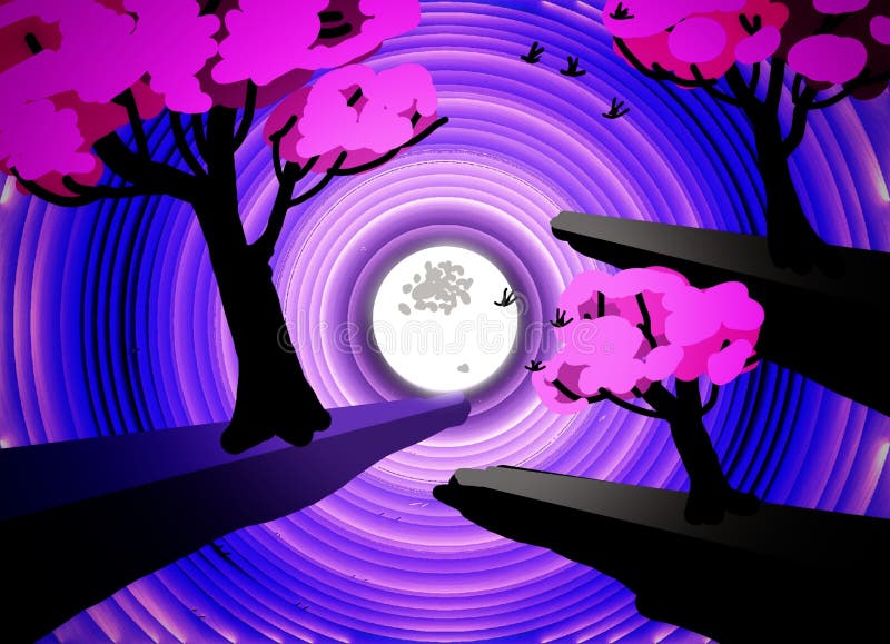 Illustration of Magic Land with Pink Tree, on Abstract Moon Light ...