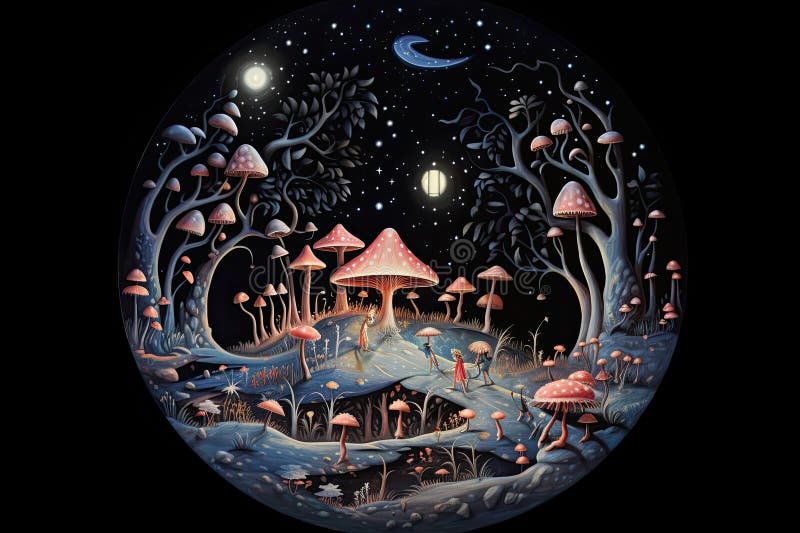 Illustration of a Magic Mushroom Field at Night with a Full Moon, AI ...