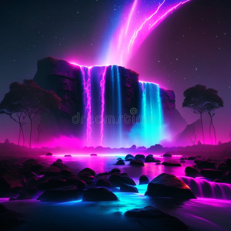Illustration of a Magic Waterfall in the Forest at Night. 3d Rendering ...