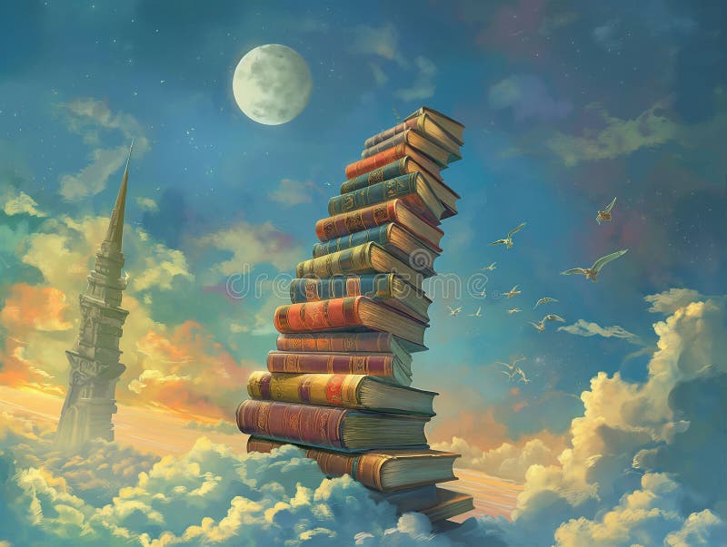 Illustration of Magical Landscape with Stack of Books Stock ...