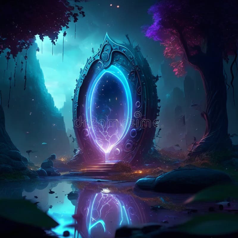 Illustration of a Magical Night Scene with a Magic Mirror in the Forest ...