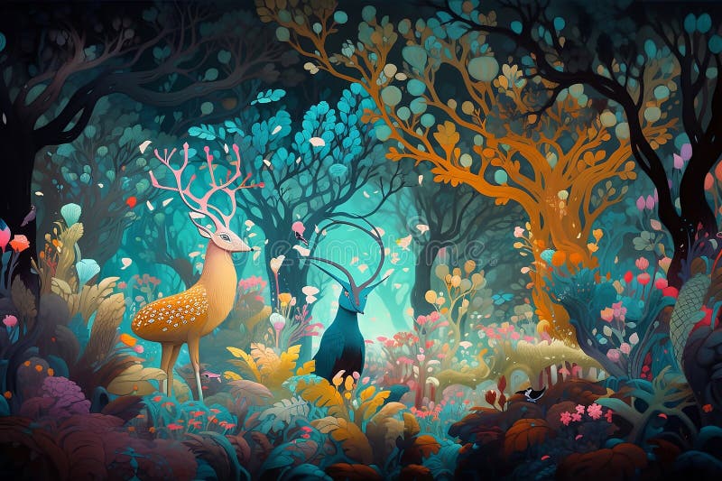 Illustration of Magical Painted Forest with Mystical Deer Stock ...