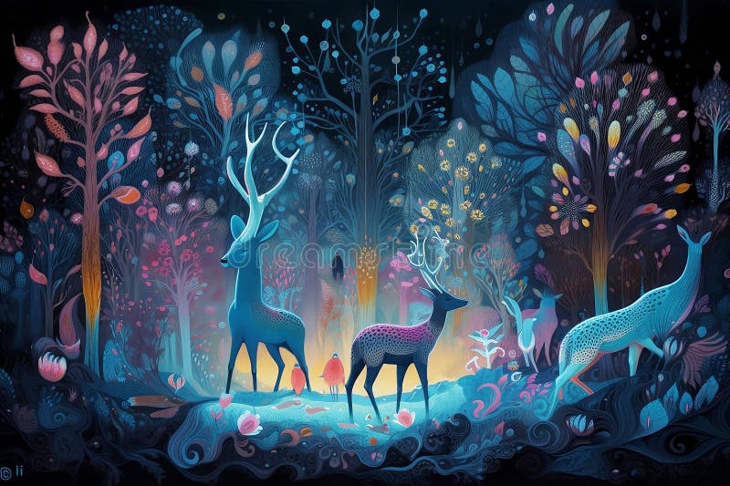Illustration of Magical Painted Forest with Mystical Deer Stock ...
