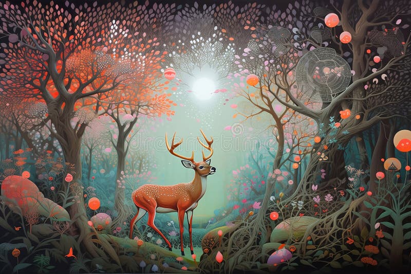 Illustration of Magical Painted Forest with Mystical Deer Stock ...