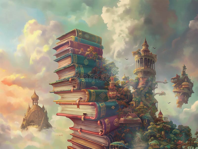 Illustration of Magical Tale Landscape with Stack of Books Stock ...
