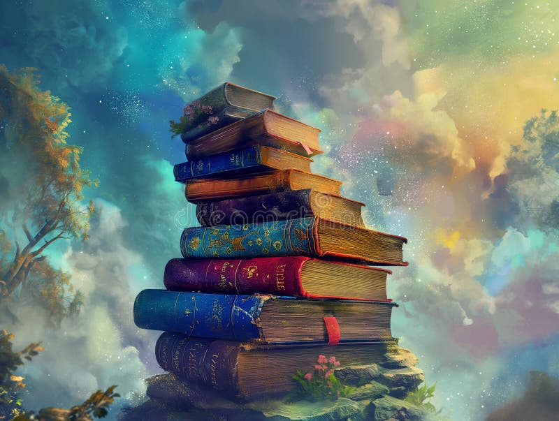 Illustration of Magical Tale Landscape with Stack of Old Books Stock ...