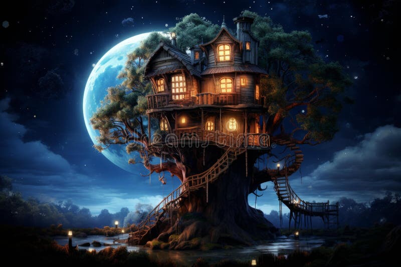 Enchanted Treehouse Under Moonlight Stock Illustration - Illustration ...