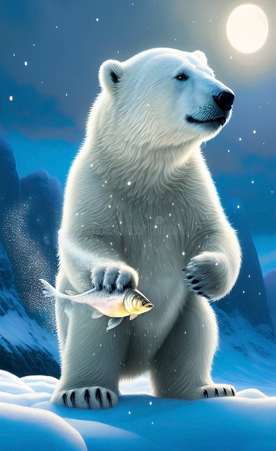 Polar Bear with Fish on the Background of the Arctic Plain Stock ...
