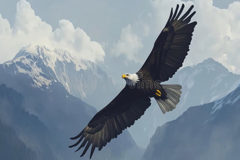 Illustration of a Majestic Bald Eagle Soaring High Above a Rugged ...