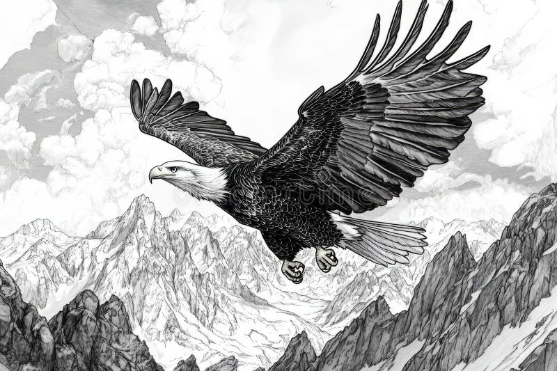 Illustration of a Majestic Bald Eagle Soaring High Above a Rugged ...