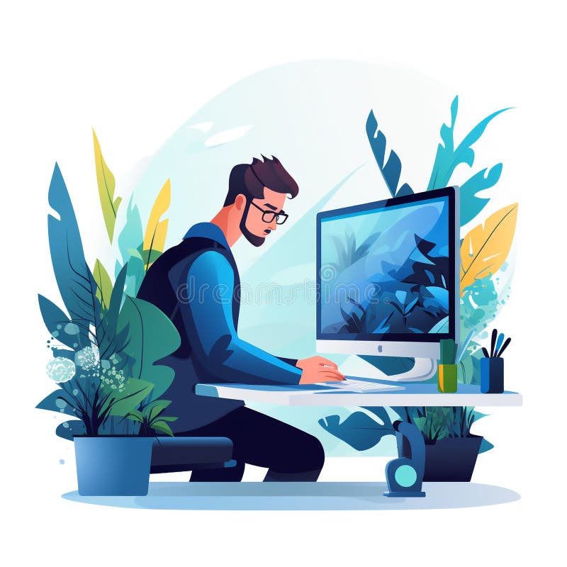 Illustration of a Male Graphic Designer Working on a Computer. Stock ...