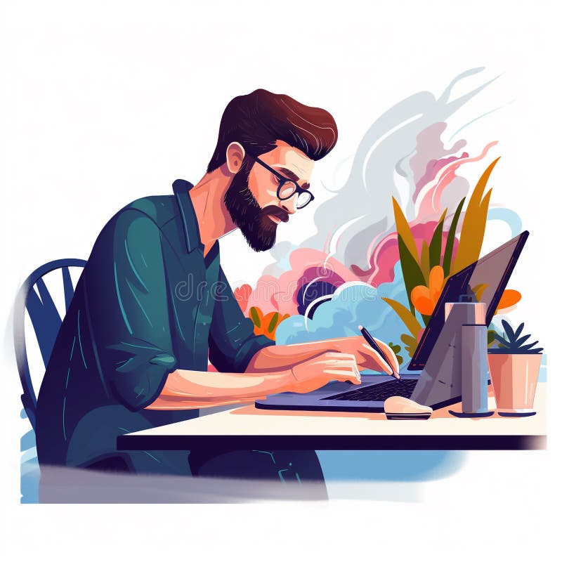 Illustration of a Male Graphic Designer Working on a Computer. Stock ...
