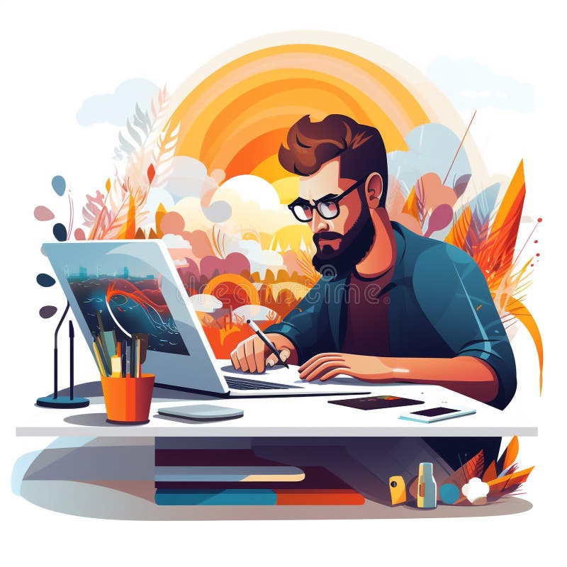 Illustration of a Male Graphic Designer Working on a Computer. Stock ...