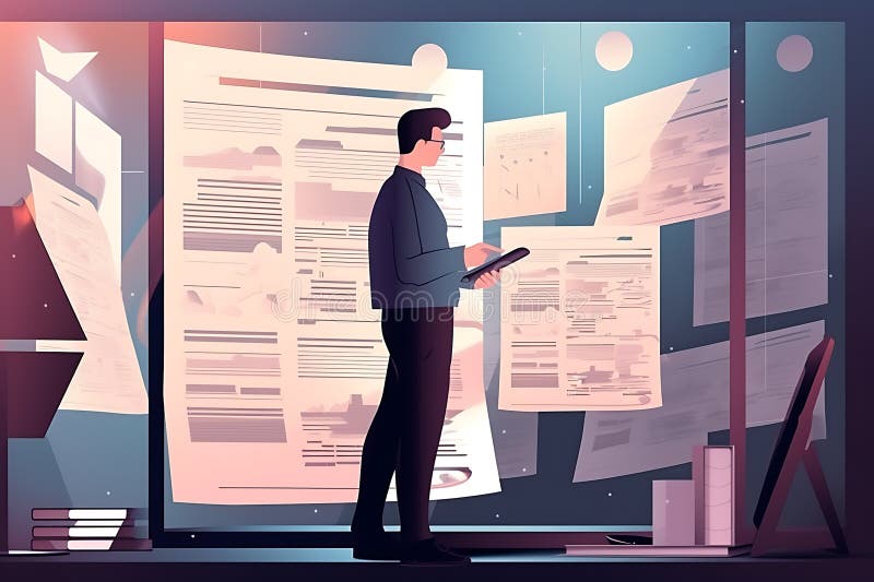 Illustration of Man Analyst Analyzing Data and Creating Insight Reports ...