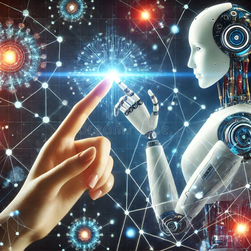 Man and Android Connecting in a Technological Background Stock ...