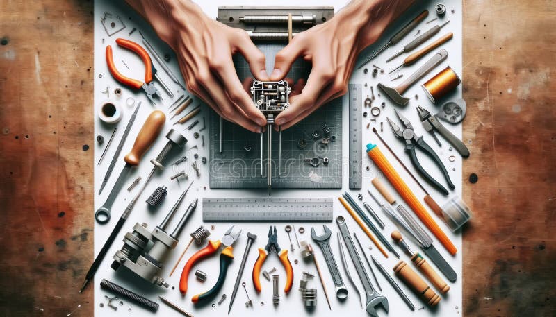 Hands Working on a Complex Device Amidst an Array of Tools. Generative ...