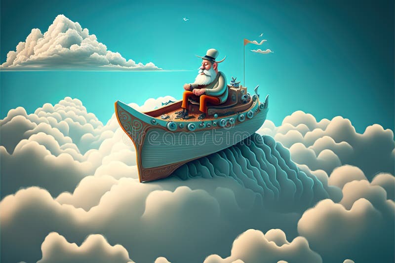 Illustration of Man on a Boat Navigating on a Sea of Clouds, Surreal ...