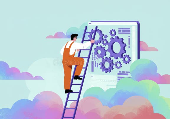 Man Climbing Ladder Towards Gears on Screen Illustration Stock ...