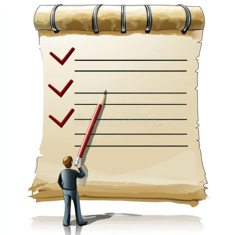 Illustration of a Man Completing a Checklist on a Large Notepad Stock ...