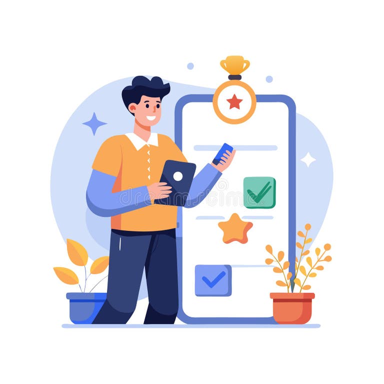 Man Completing Online Checklist on Mobile Device Achieving Goals and ...