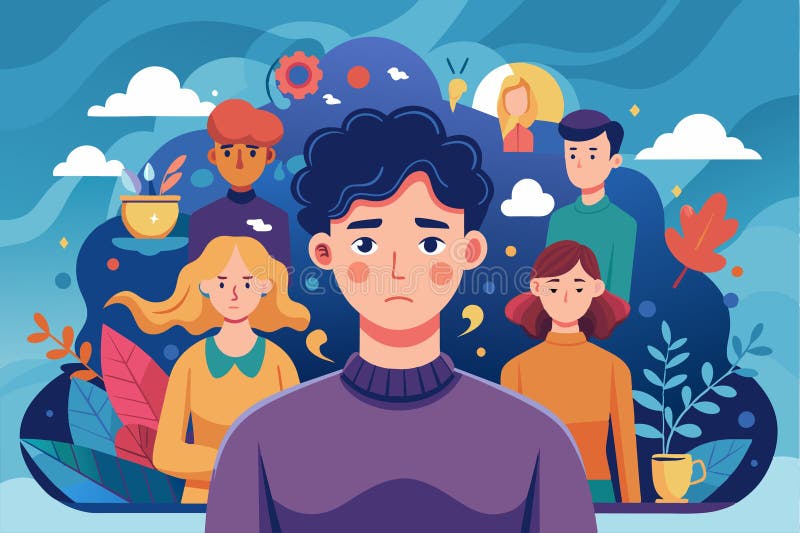 An Illustration of a Man Experiencing Social Anxiety, Surrounded by a ...